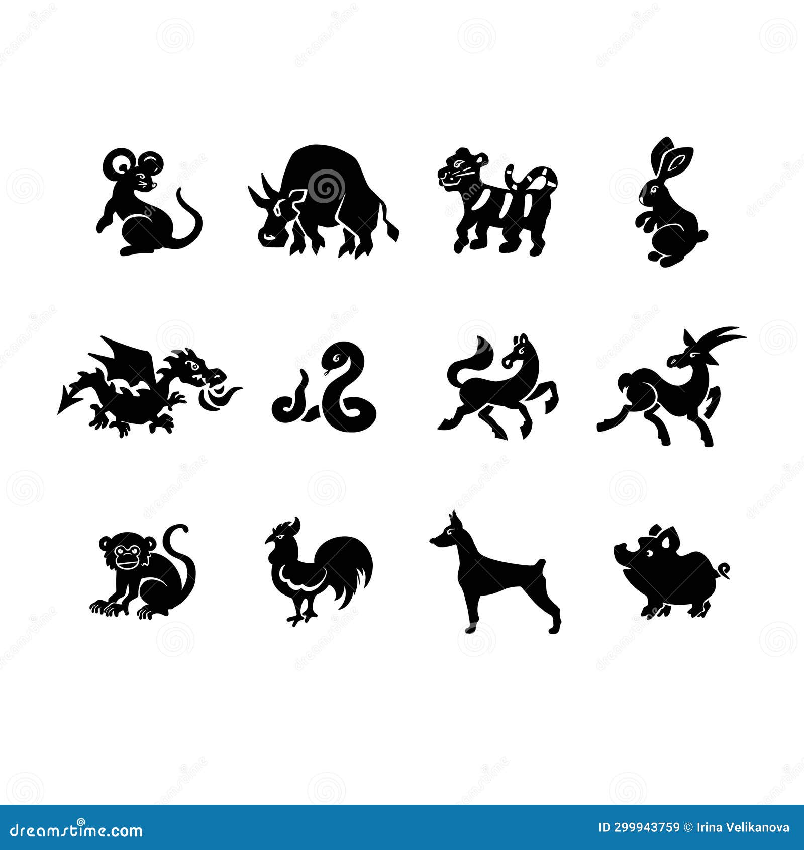 Set of Eastern Horoscope Symbols Silhouettes Vector Illustration Stock ...