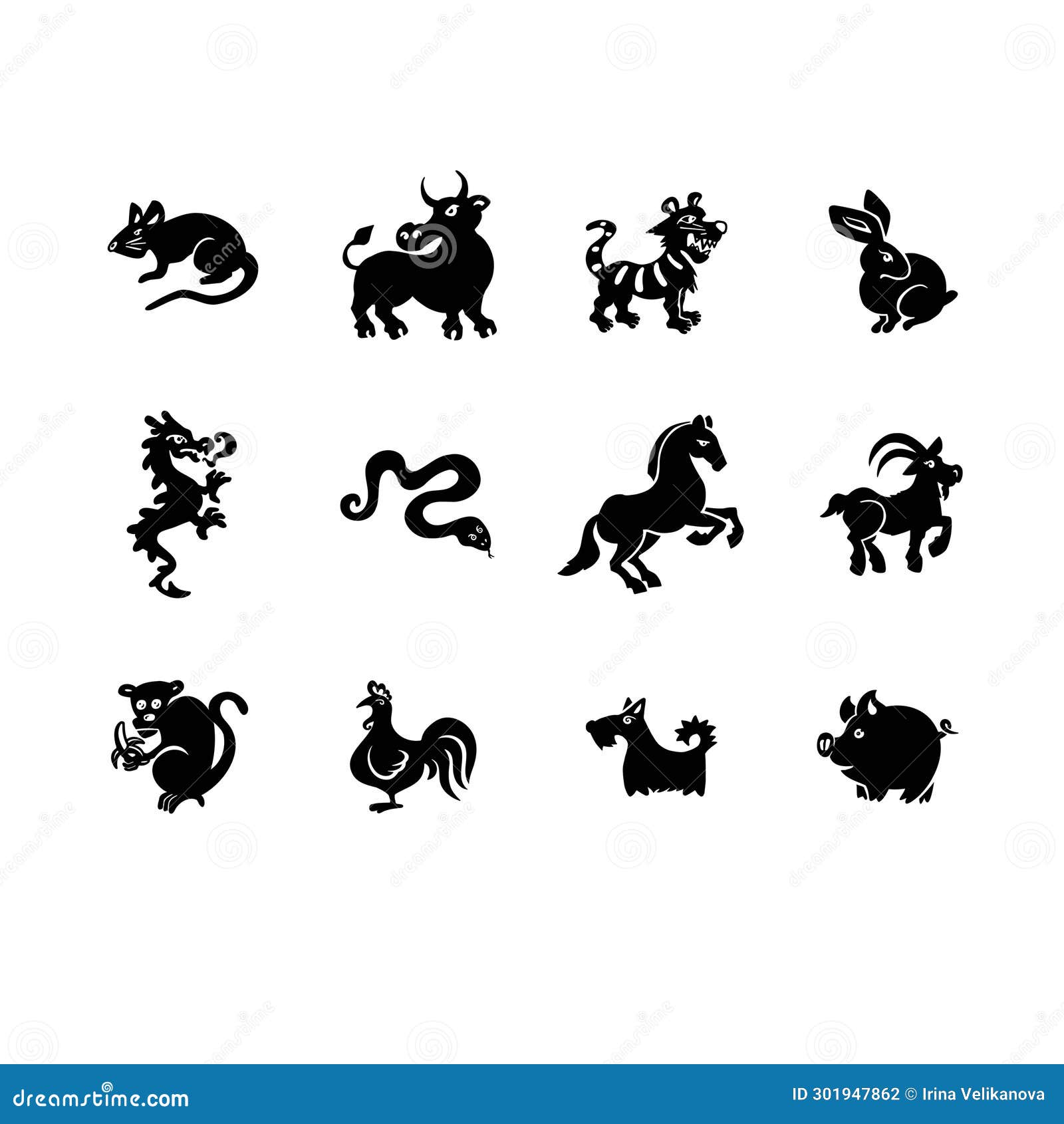 Set of Eastern Horoscope Symbols Silhouettes Vector Illustration Stock ...