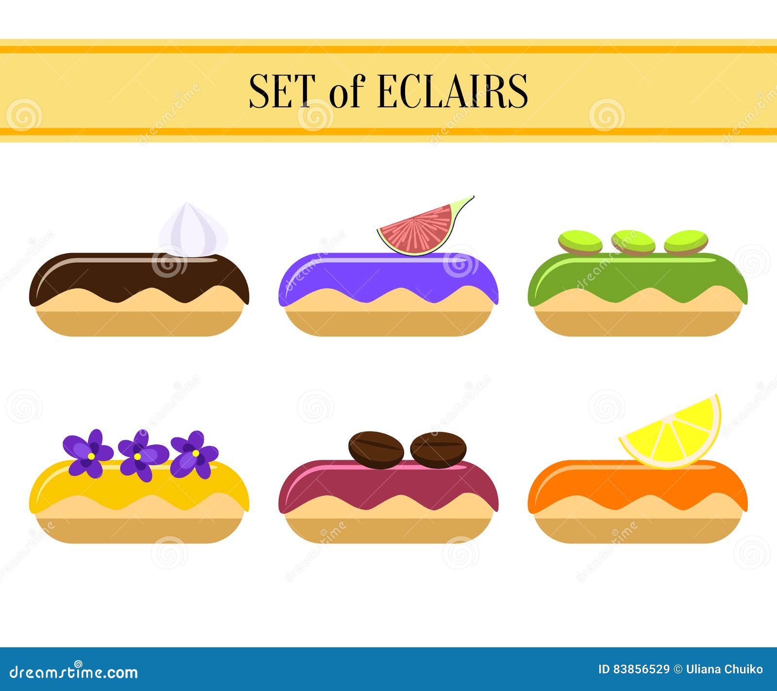 Set of eclairs stock vector. Illustration of cartoon - 83856529