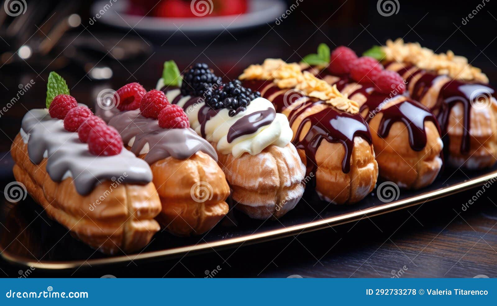 A Set of Eclairs with Different Decorations, Sauces and Fruits Stock ...
