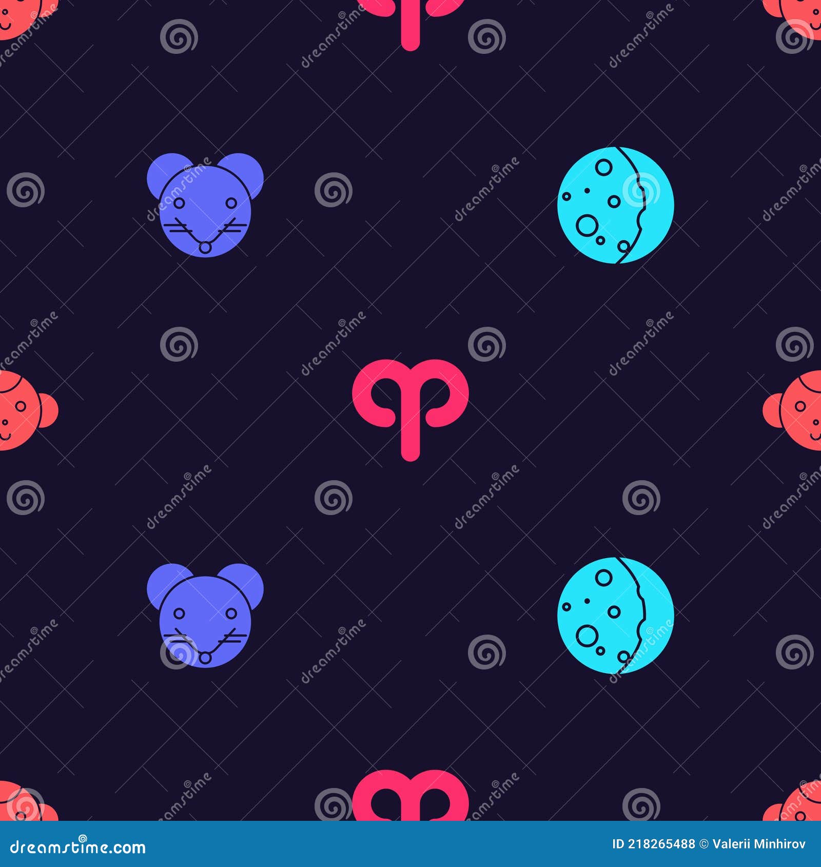 Set Eclipse of the Sun, Rat Zodiac, Aries and Monkey on Seamless ...