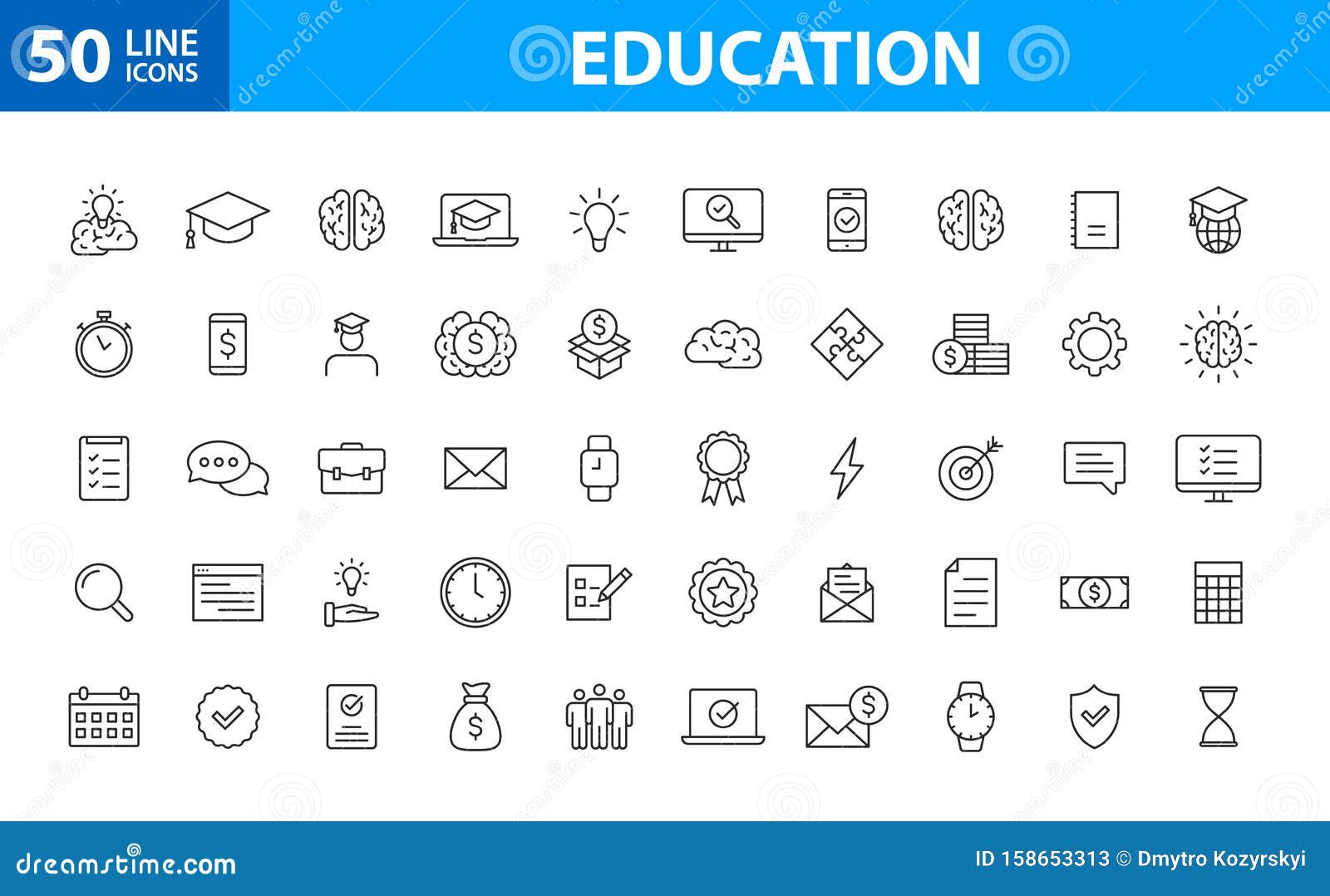 Set of 50 Education and Learning Web Icons in Line Style. School ...