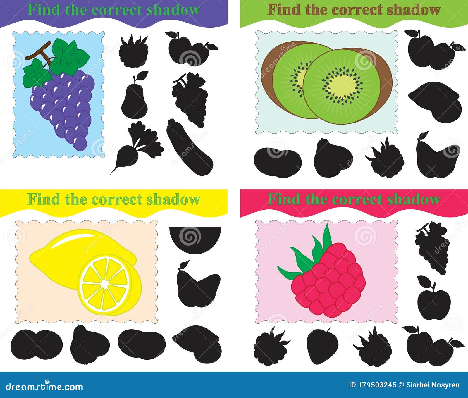 Set of Educational Game for Kids, Find the Correct Shadow of Grapes, Kiwi, Lemon, Raspberry ...