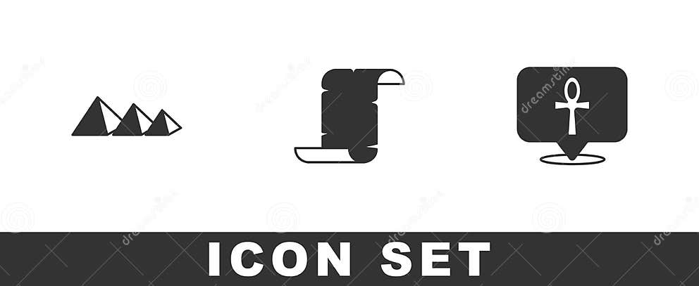 Set Egypt Pyramids, Papyrus Scroll and Cross Ankh Icon. Vector Stock ...