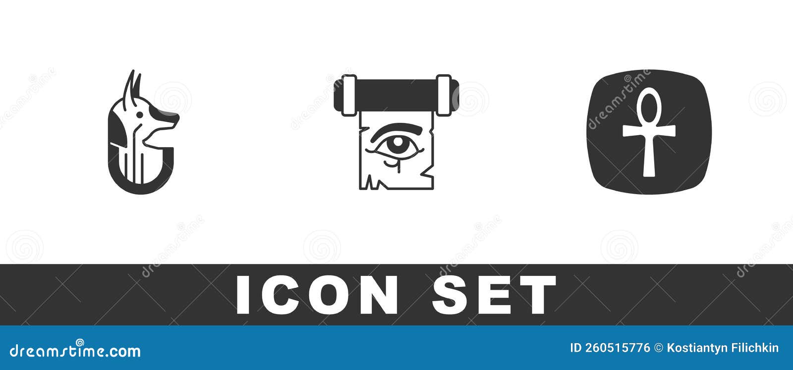 Set Egyptian Anubis, Eye of Horus on Papyrus Scroll and Cross Ankh Icon. Vector Stock Vector ...