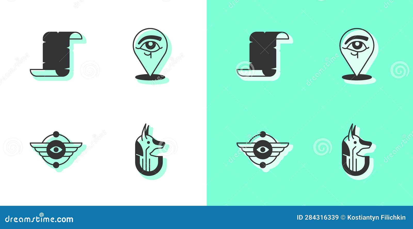 Set Egyptian Anubis, Papyrus Scroll, Symbol Winged Sun and Eye of Horus ...