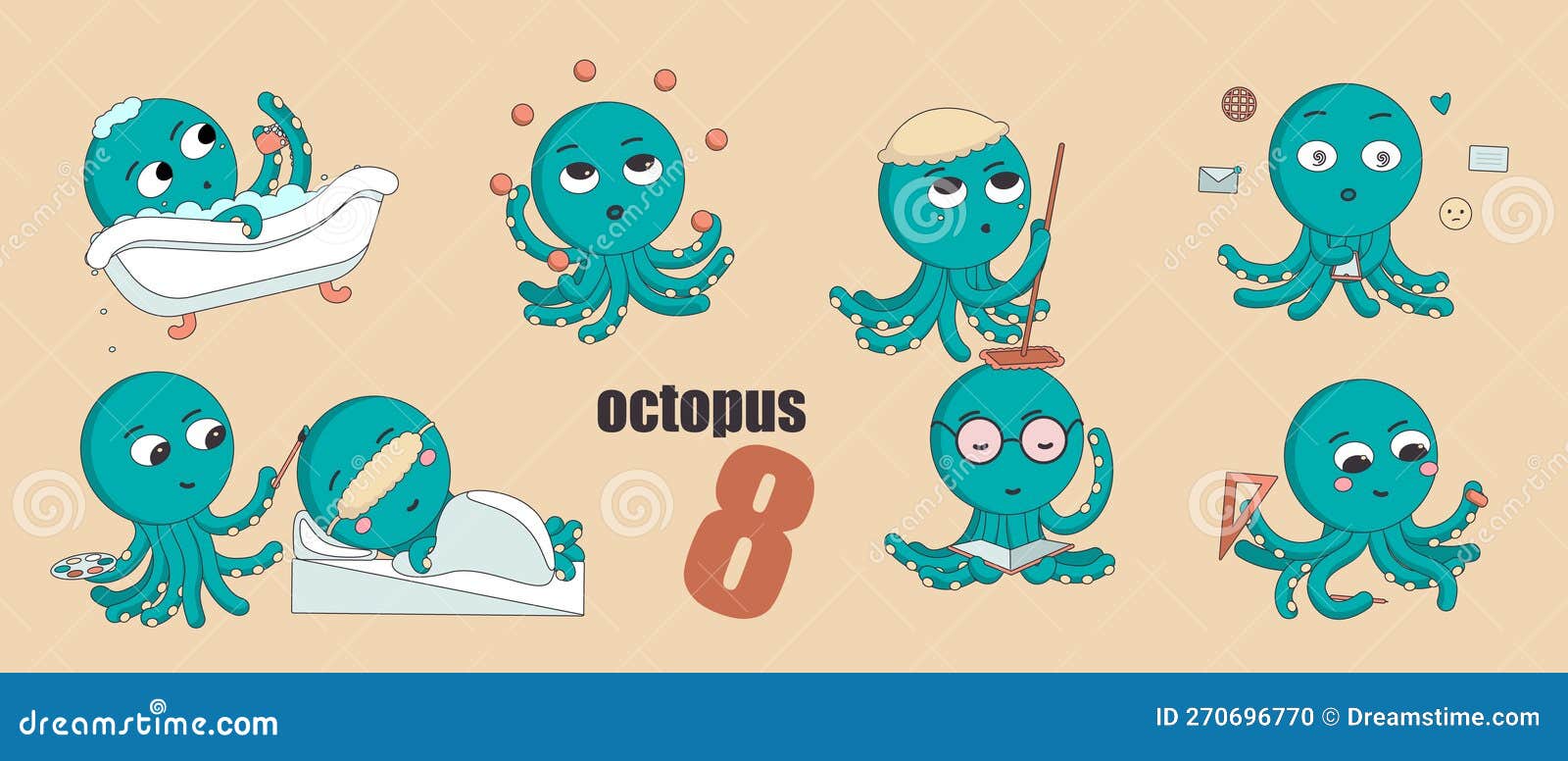 Set of Eight Cartoon Blue Octopus Characters in Different Poses and ...