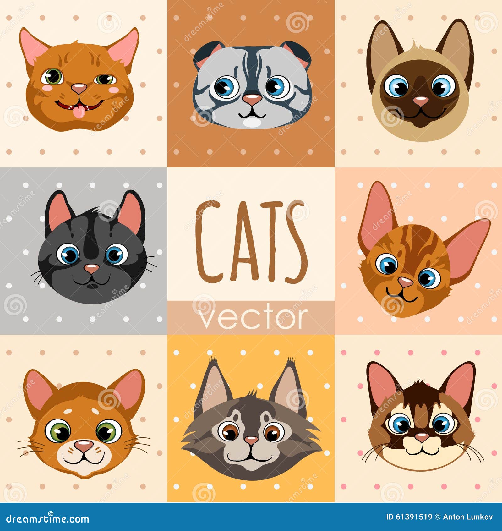 Set of Eight Colorful Cartoon Cat Faces Stock Vector - Illustration of ...