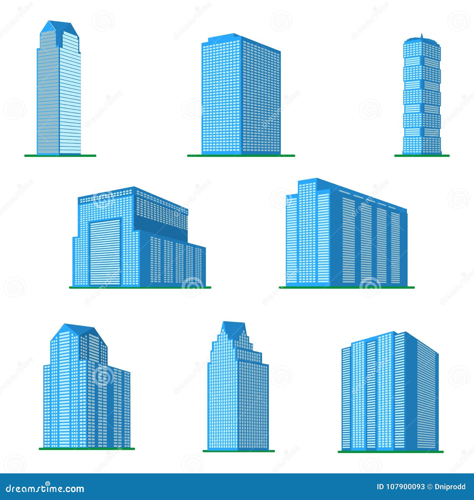 Set of Eight Modern High-rise Building on a White Background Stock ...