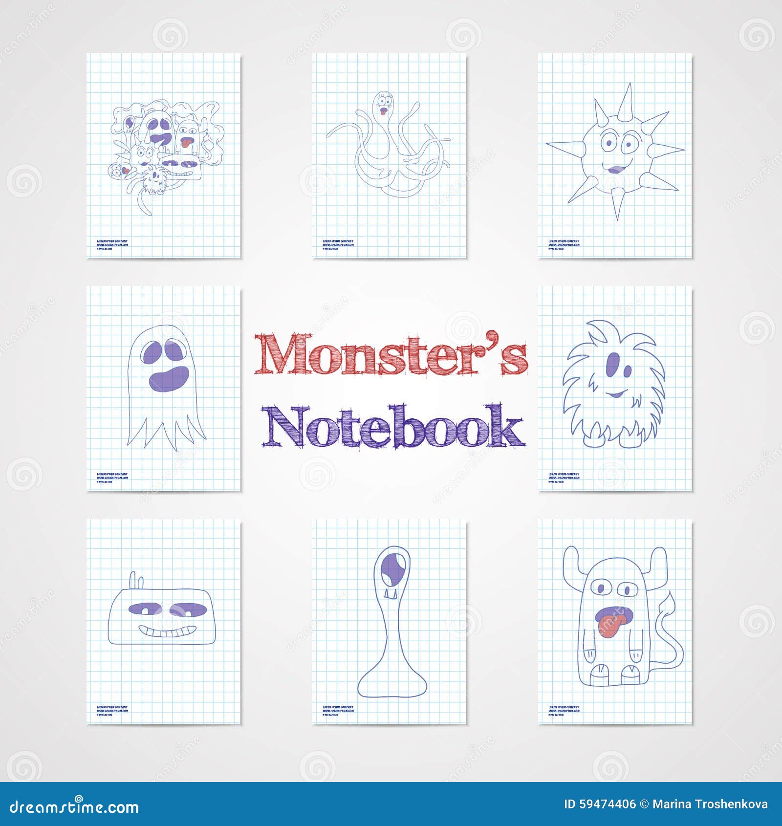 Set of Eight Notebook Sheets with Funny Monsters Stock Vector ...