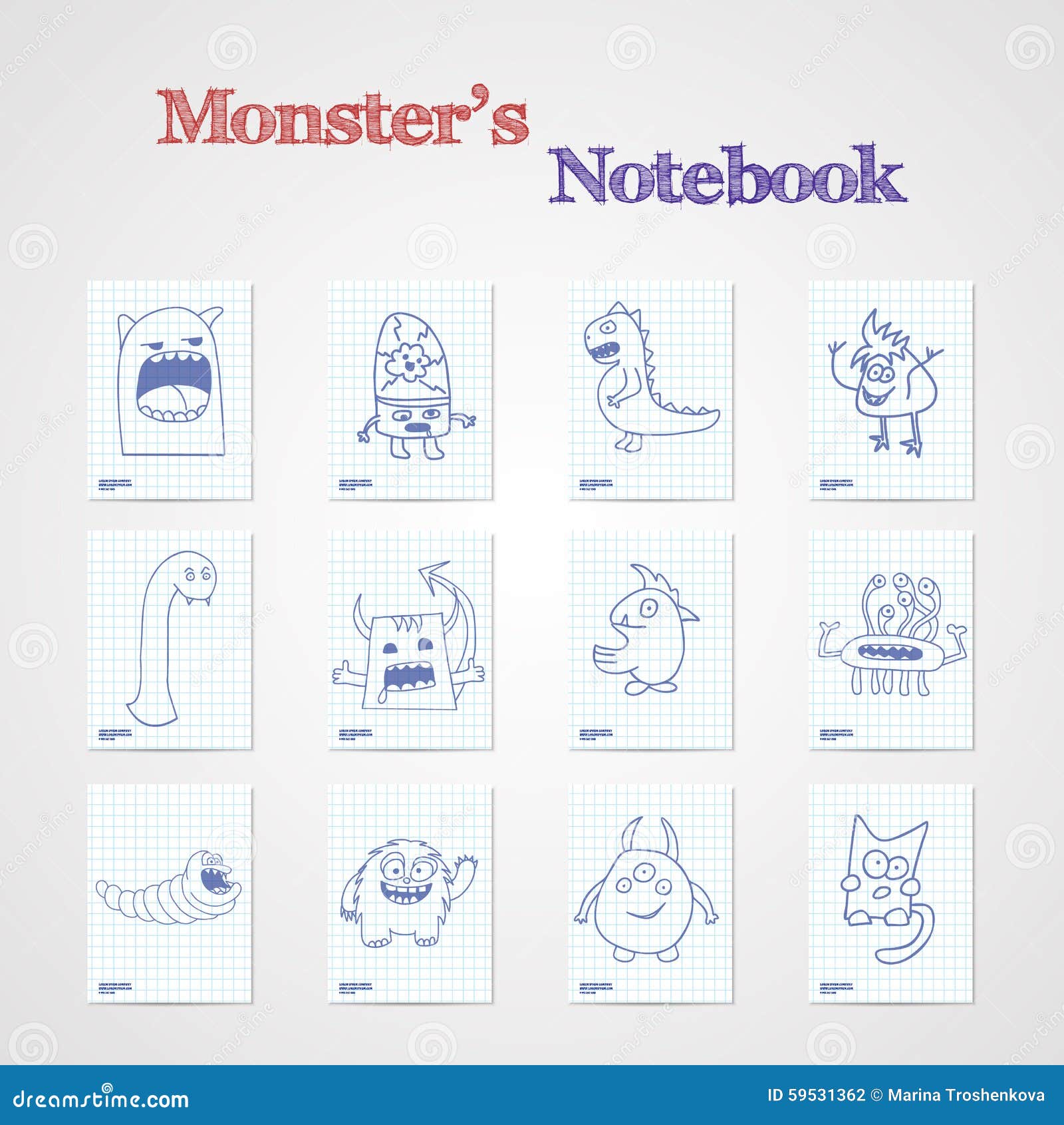 Set of Eight Notebook Sheets with Funny Monsters. Stock Vector ...