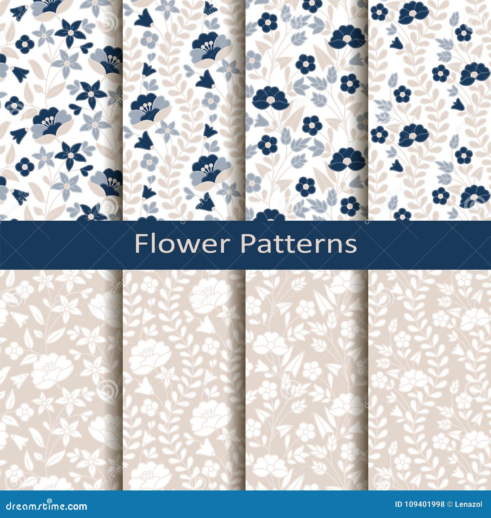 Set of Eight Seamless Vector Flower Hand Drawn Patterns. Design for ...
