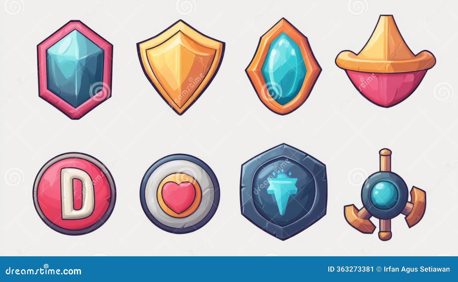 Set of Eight Unique Pixel Art Game Badges and Shields on White ...