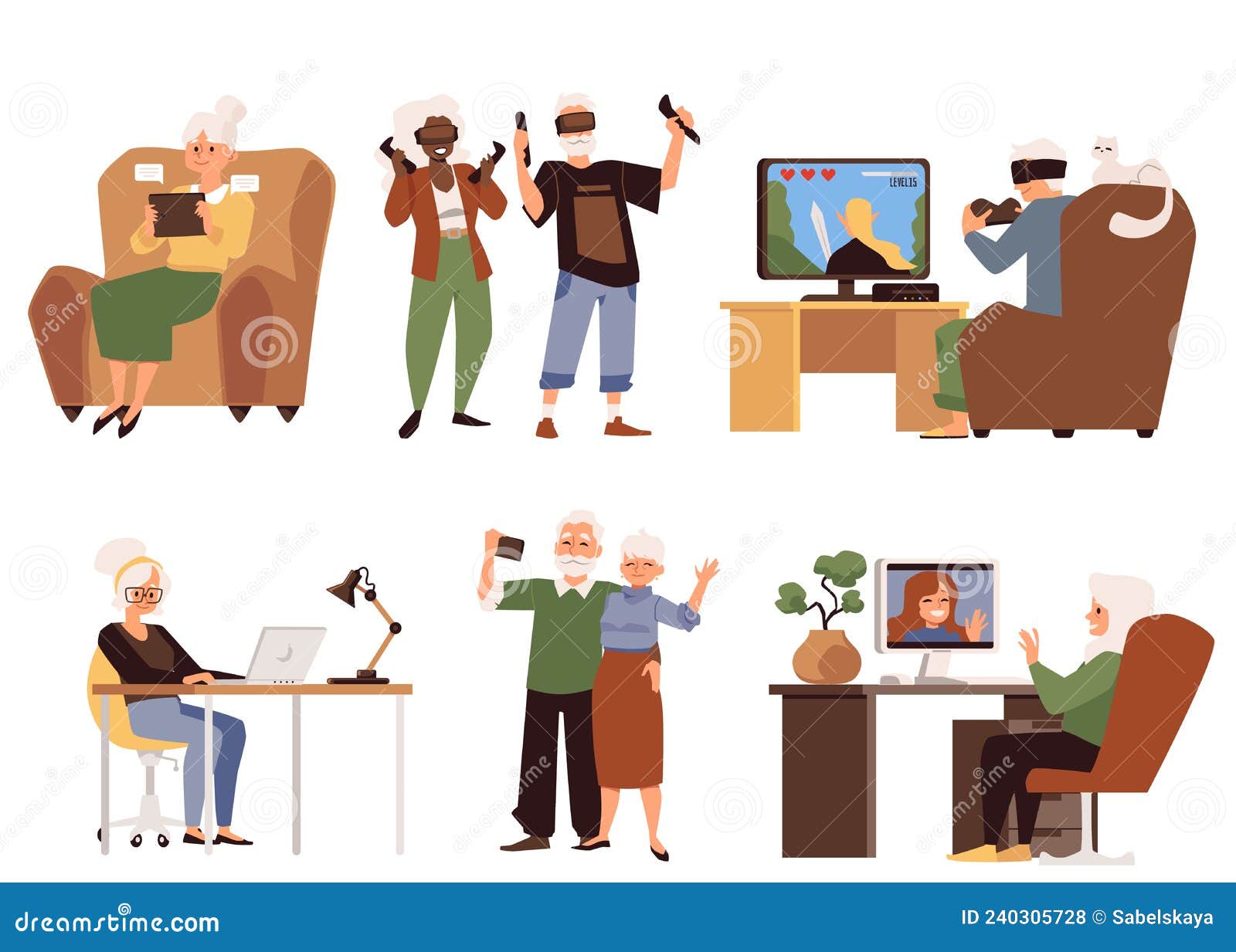 Set of Elderly People Using Gadgets Flat Vector Illustration Isolated ...