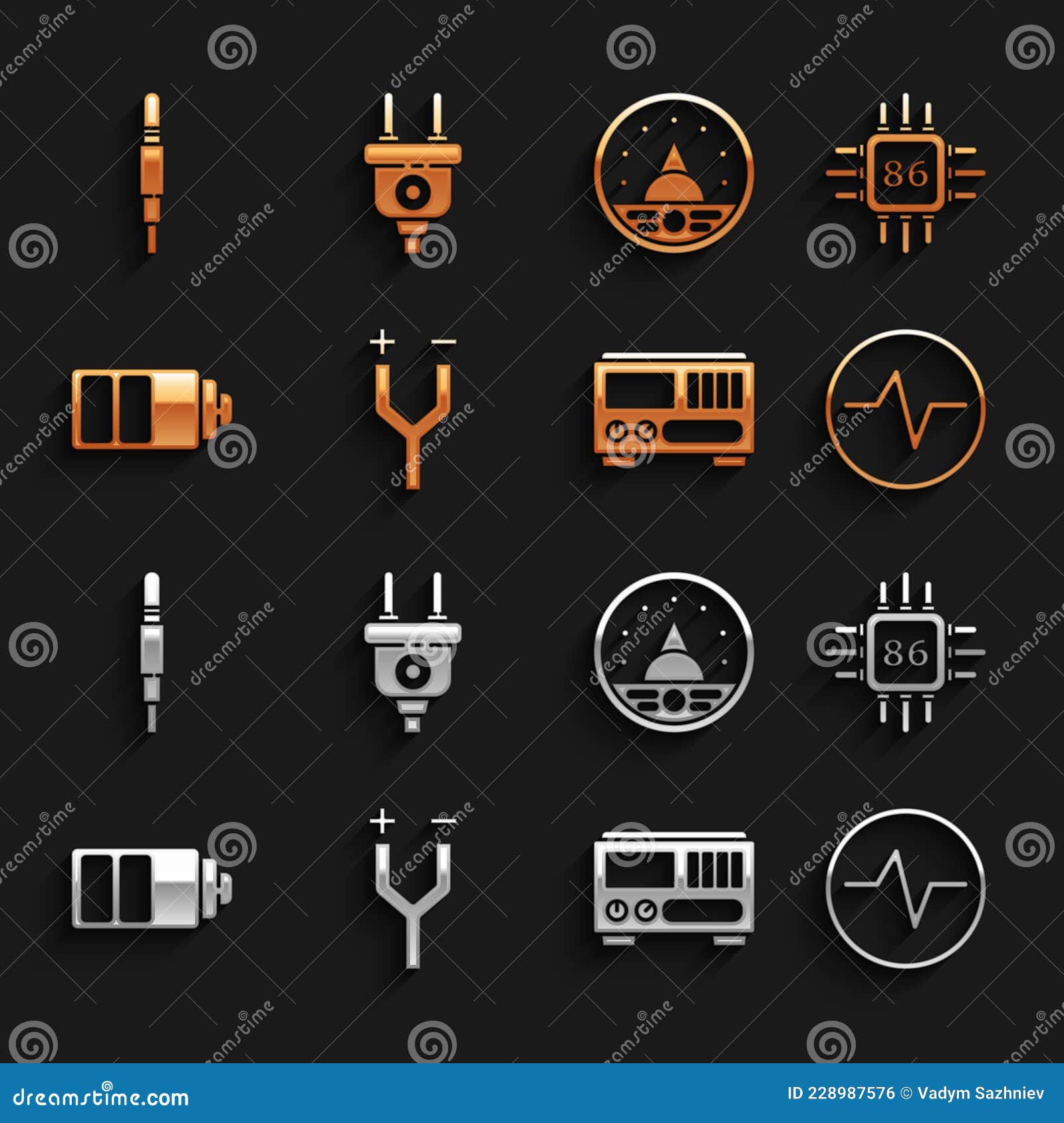 Set Electric Cable, Processor with Microcircuits CPU, Scheme, Electrical Measuring Instruments ...