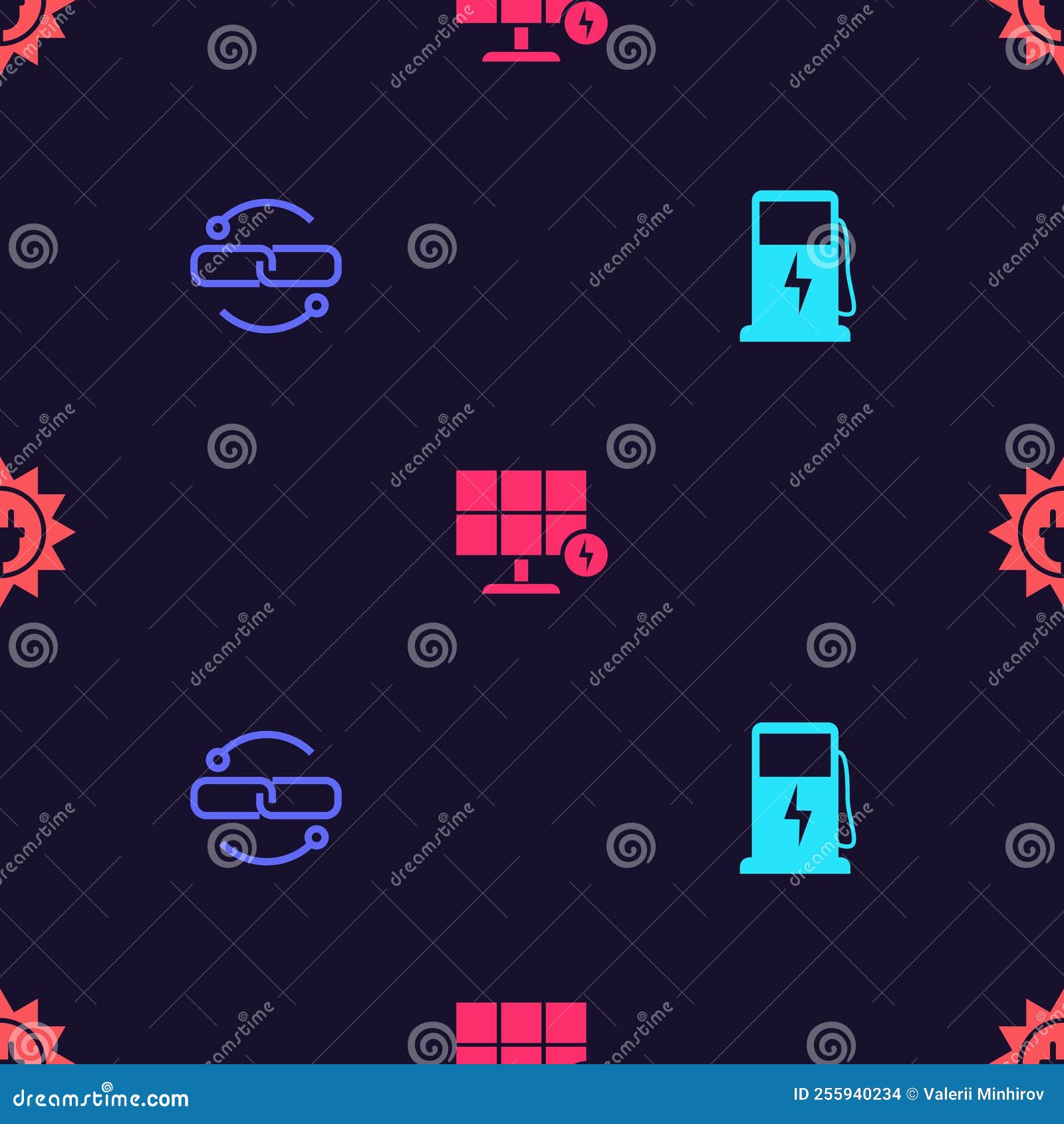 Set Electric Car Charging Station, Chain Link Line, Solar Energy Panel ...