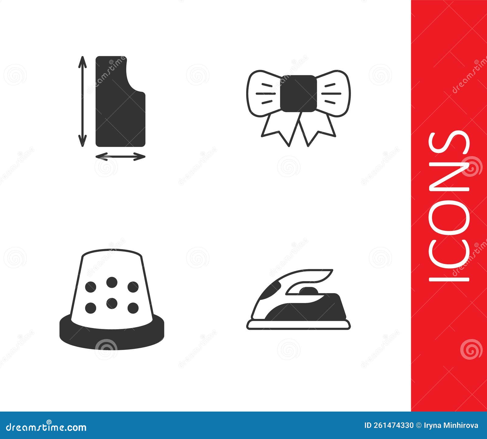 Set Electric Iron, Sewing Pattern, Thimble for Sewing and Gift Bow Icon ...