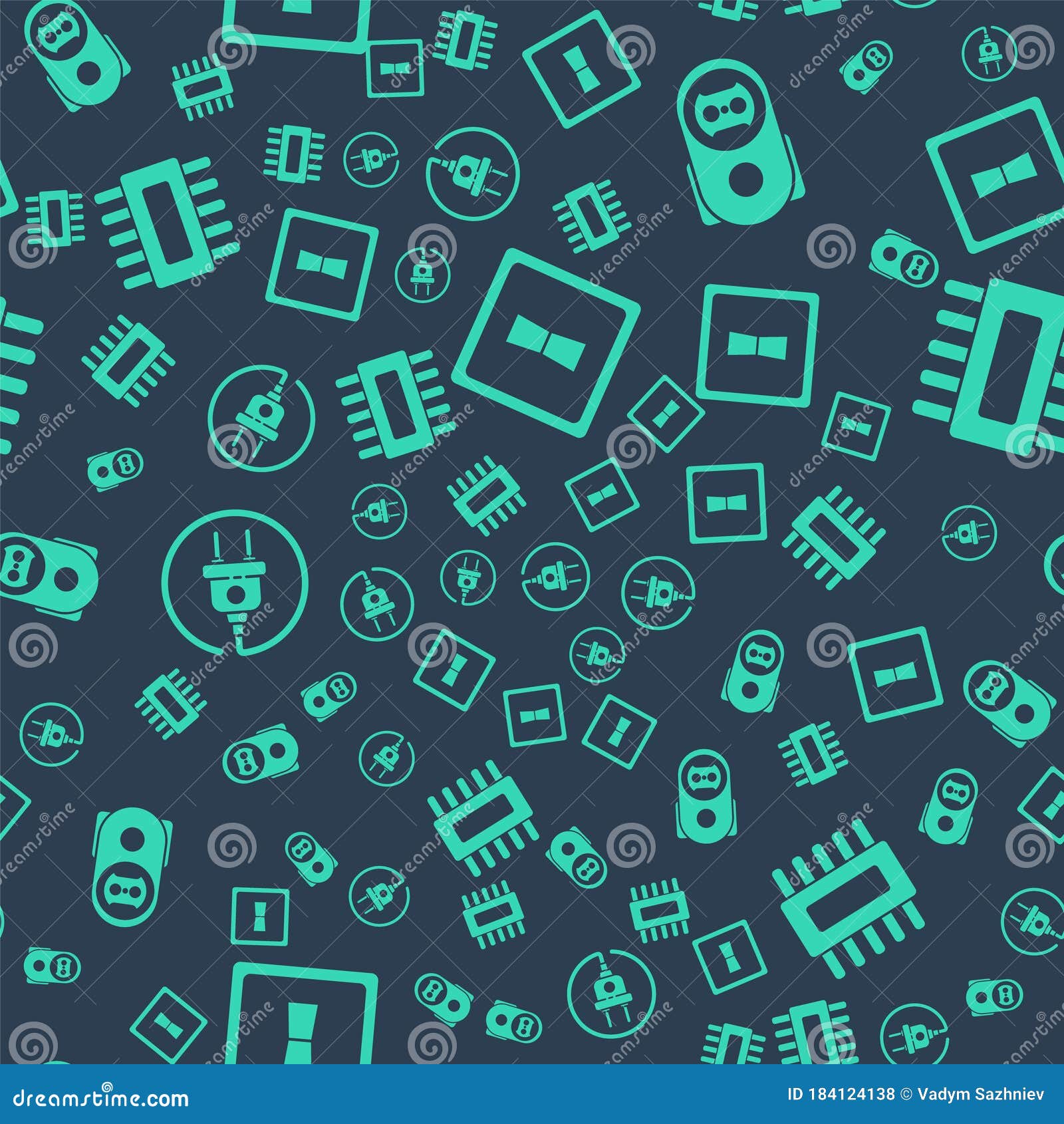 Set Electric Light Switch, Electrical Outlet, Electric Plug and Processor with Microcircuits CPU ...