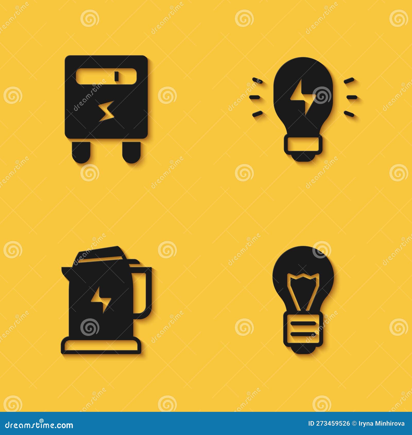 Set Electric Meter, Creative Lamp Light Idea, Kettle and Icon with Long ...