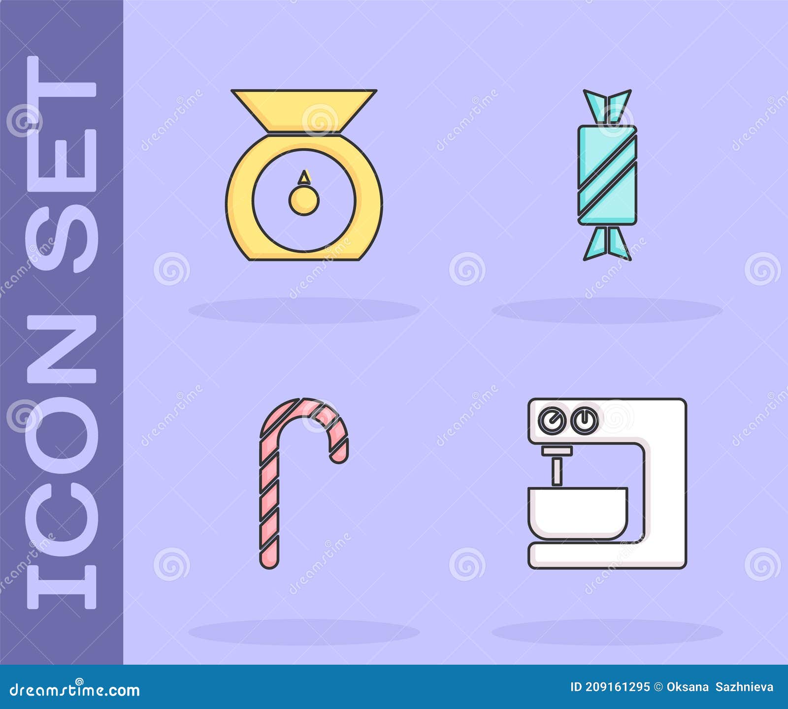 Set Electric Mixer, Scales, Christmas Candy Cane and Candy Icon. Vector ...