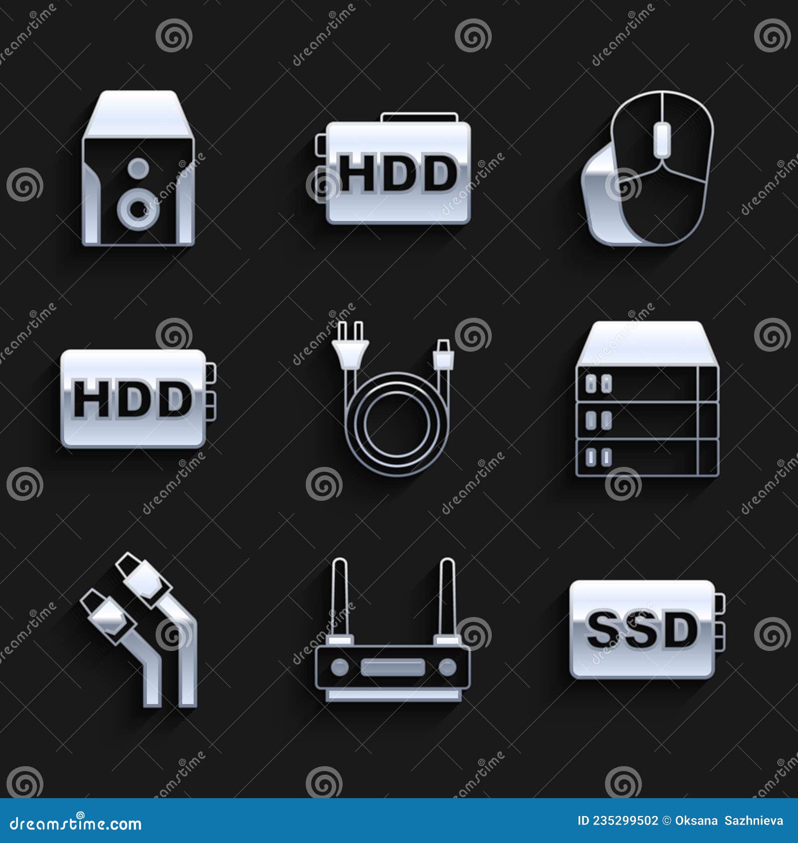 Set Electric Plug, Router and Wi-fi Signal, SSD Card, Server, Data, Web ...