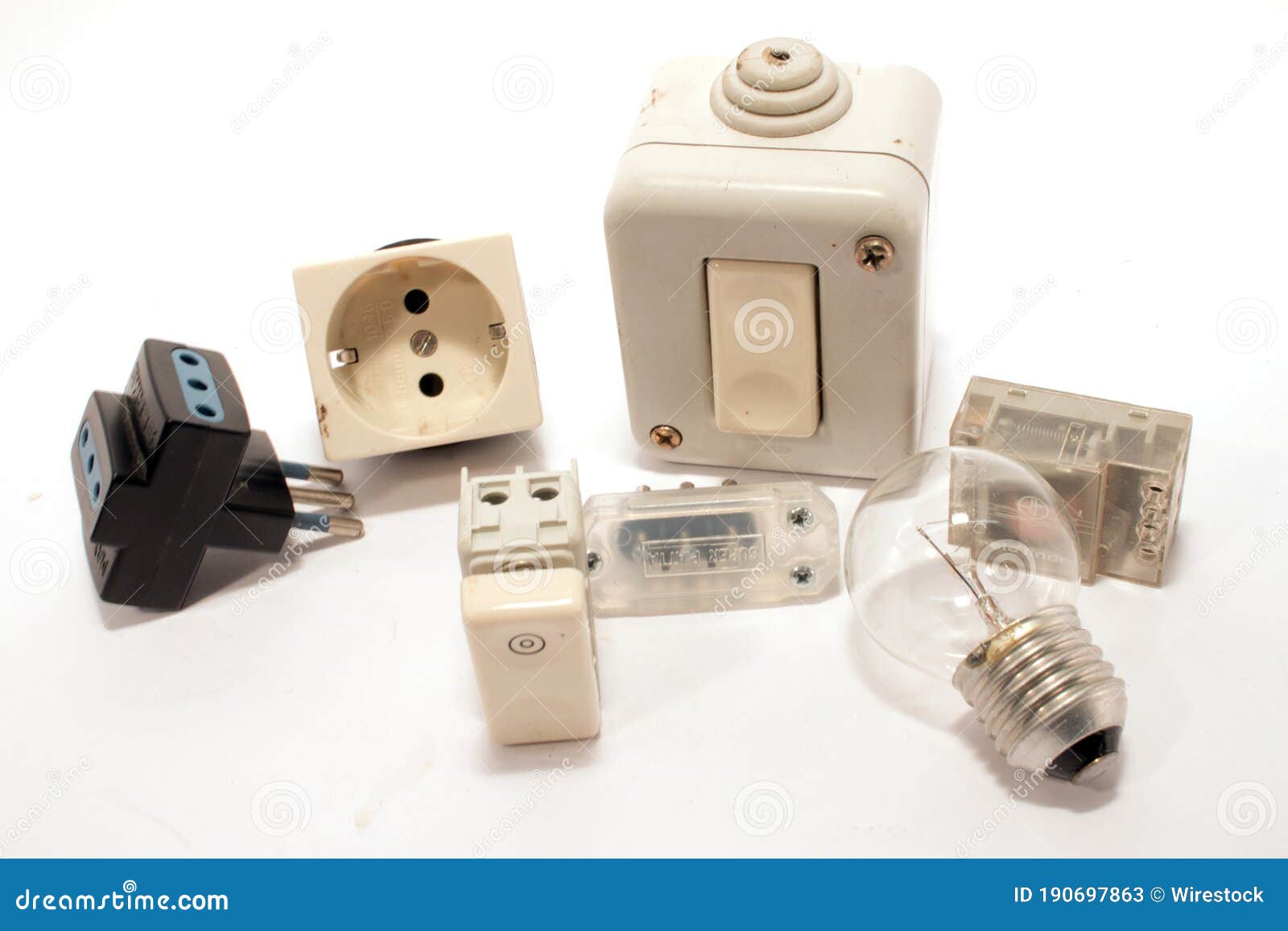 Set of Electric Sockets, Plugs, Switches, and Light Bulbs Isolated on a ...