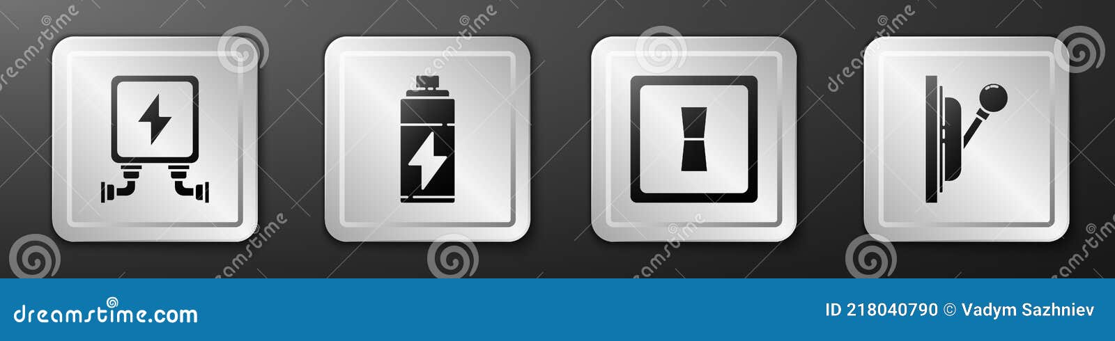 Set Electric Transformer, Battery, Electric Light Switch and Electrical Panel Icon. Silver ...