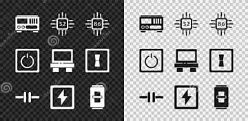 Set Electrical Measuring Instruments, Processor with Microcircuits CPU, Scheme, Lightning Bolt ...