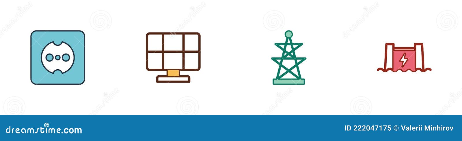 Set Electrical Outlet, Solar Energy Panel, Tower and Hydroelectric Dam ...