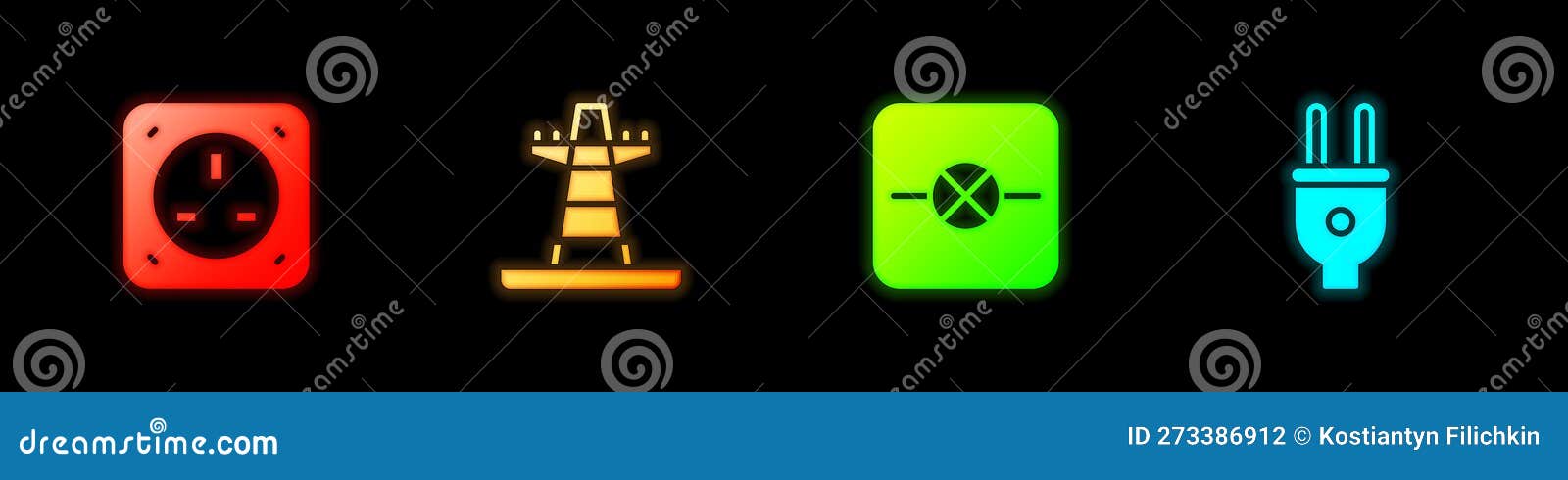 Set Electrical Outlet, Tower Line, Lamp Electronic Circuit And Plug ...