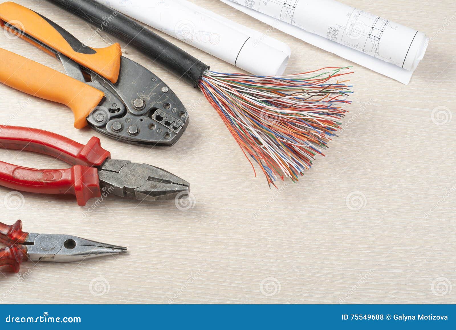 Set of Electrical Tool on Wooden Background. Accessories for ...