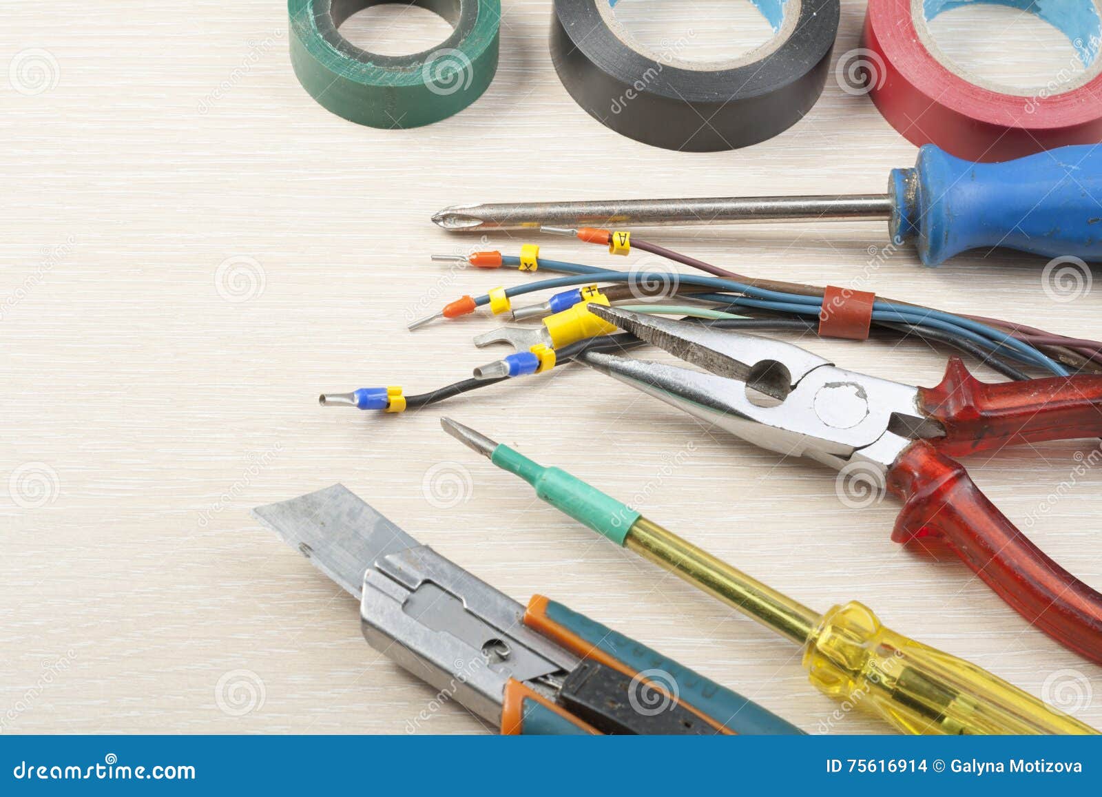 Set of Electrical Tool on Wooden Background. Accessories for ...