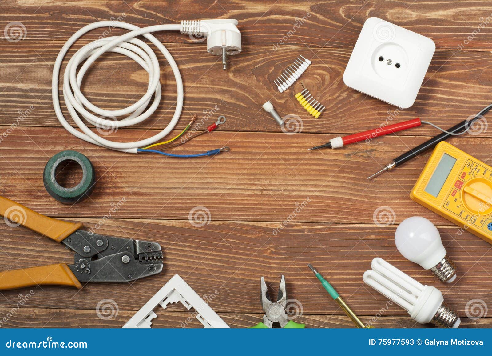 Set of Electrical Tool on Wooden Background. Accessories for ...