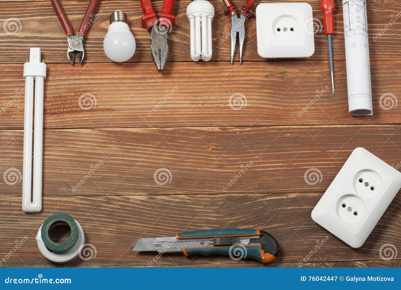 Set of Electrical Tool on Wooden Background. Accessories for ...