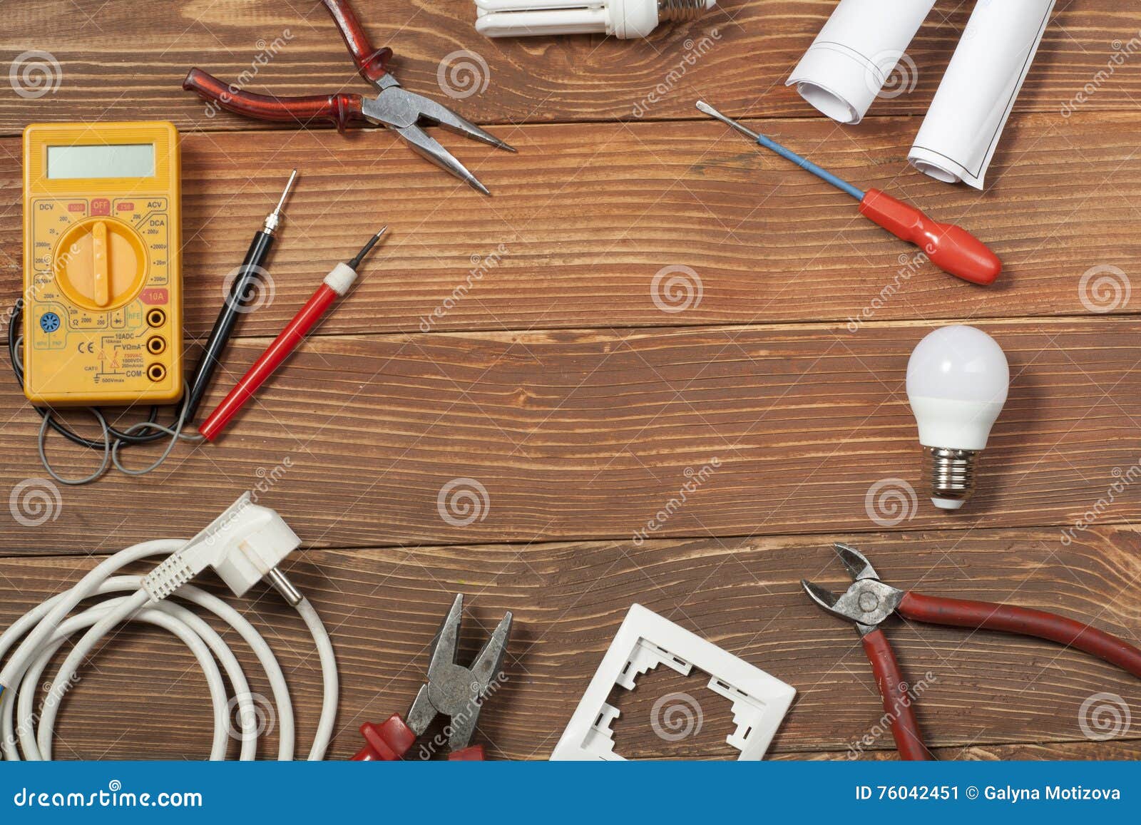 Set of Electrical Tool on Wooden Background. Accessories for ...