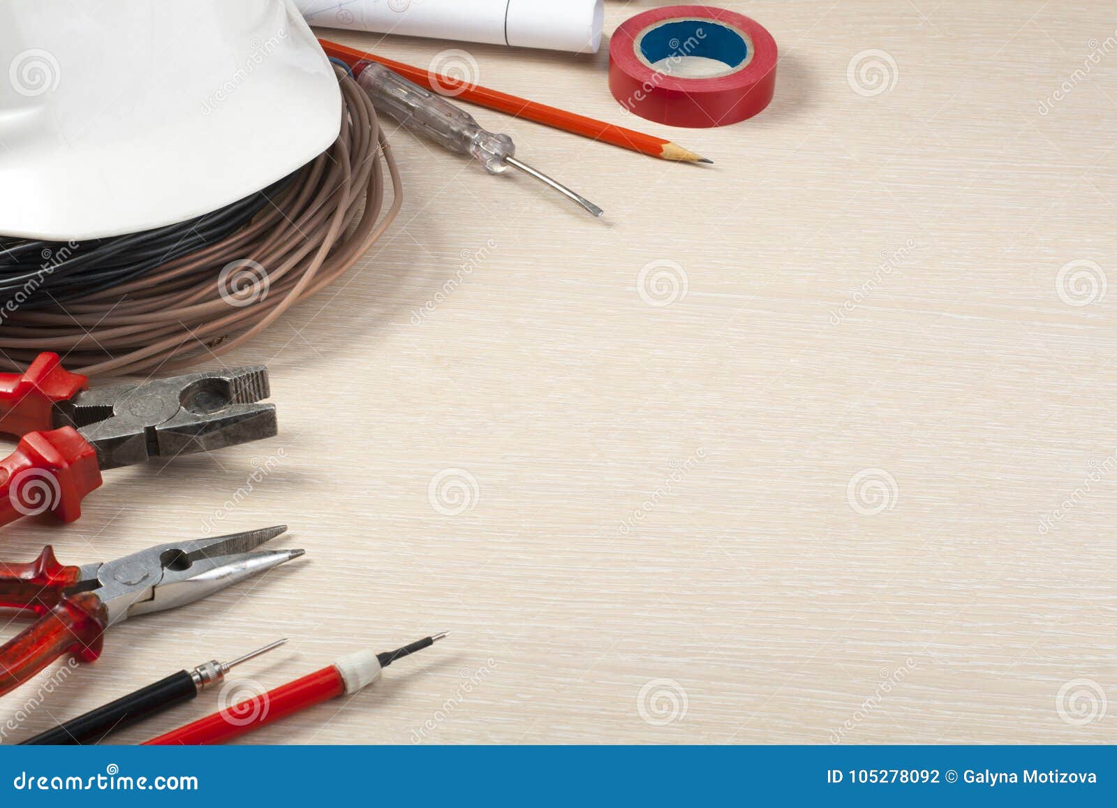 Set of Electrical Tools,drawing and White Helmet on Wooden Background ...