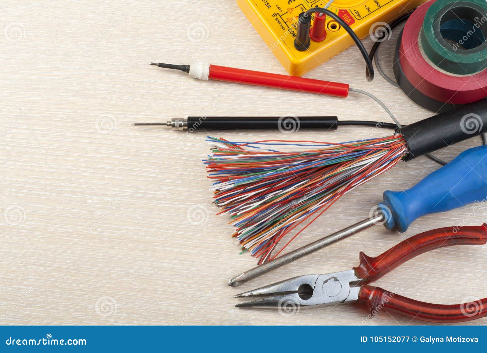 Set of Electrical Tools on Wooden Background. Accessories for ...