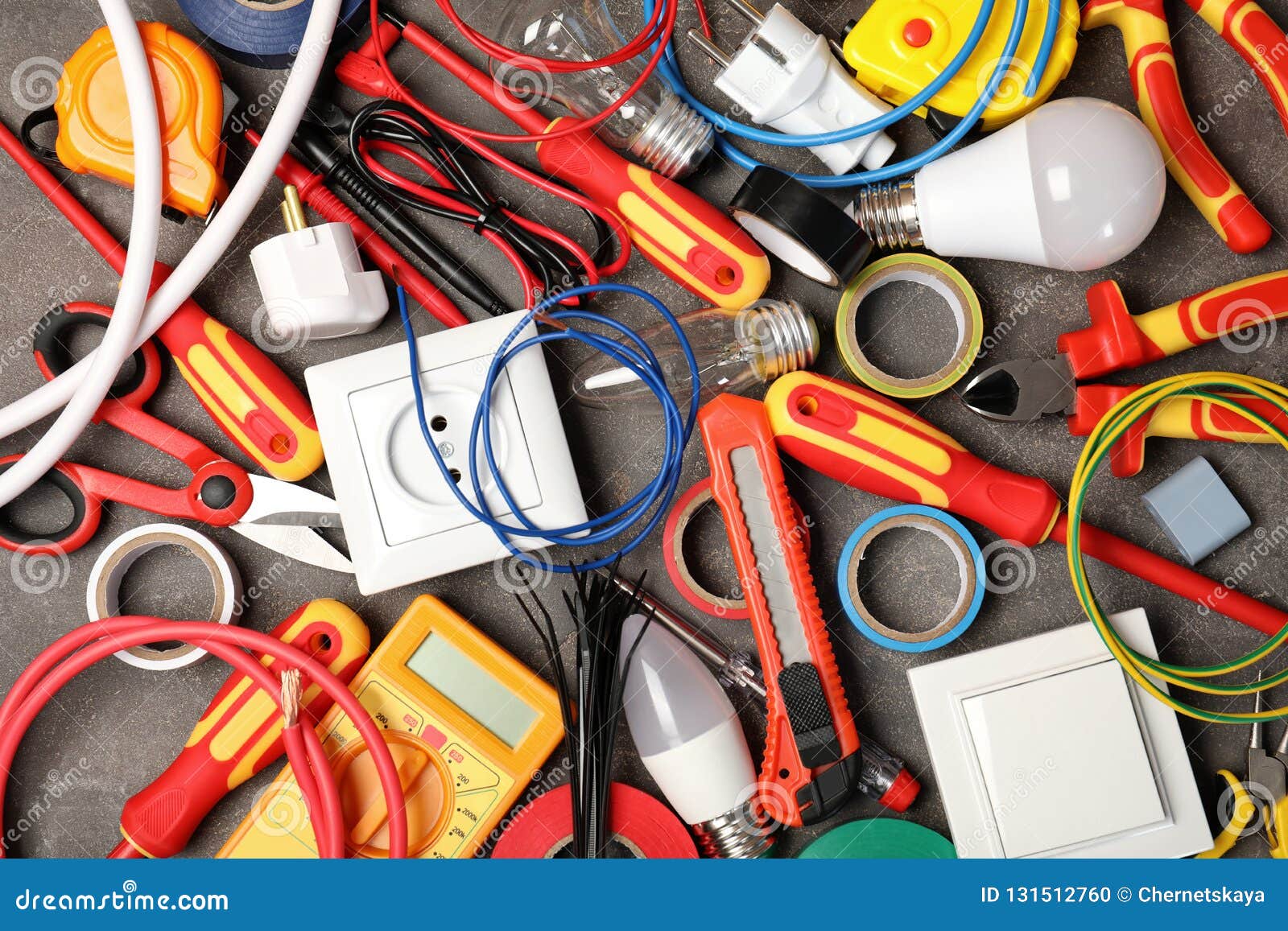 Set of Electrician`s Tools on Gray Table Stock Photo - Image of ...