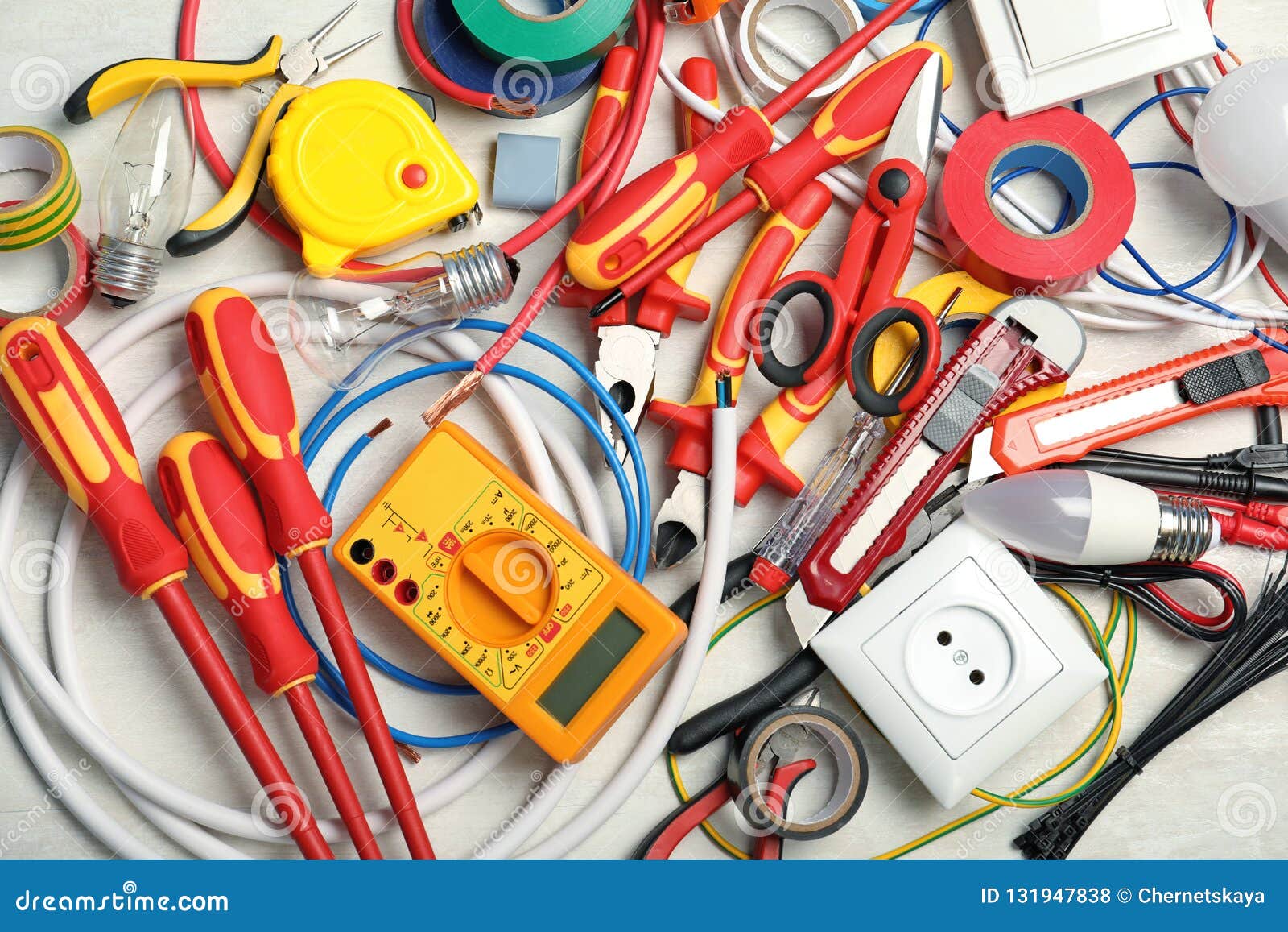 Set of Electrician`s Tools on Table Stock Photo - Image of multimeter ...
