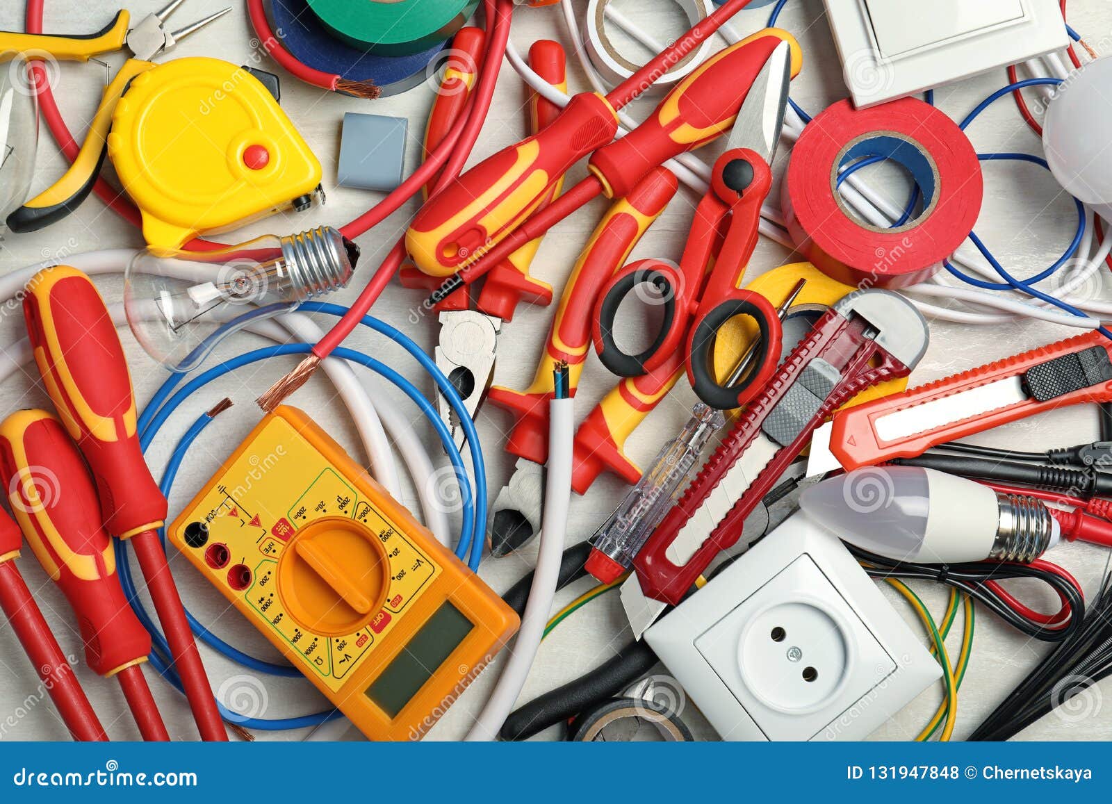 Set of Electrician`s Tools on Table Stock Photo - Image of electricity ...