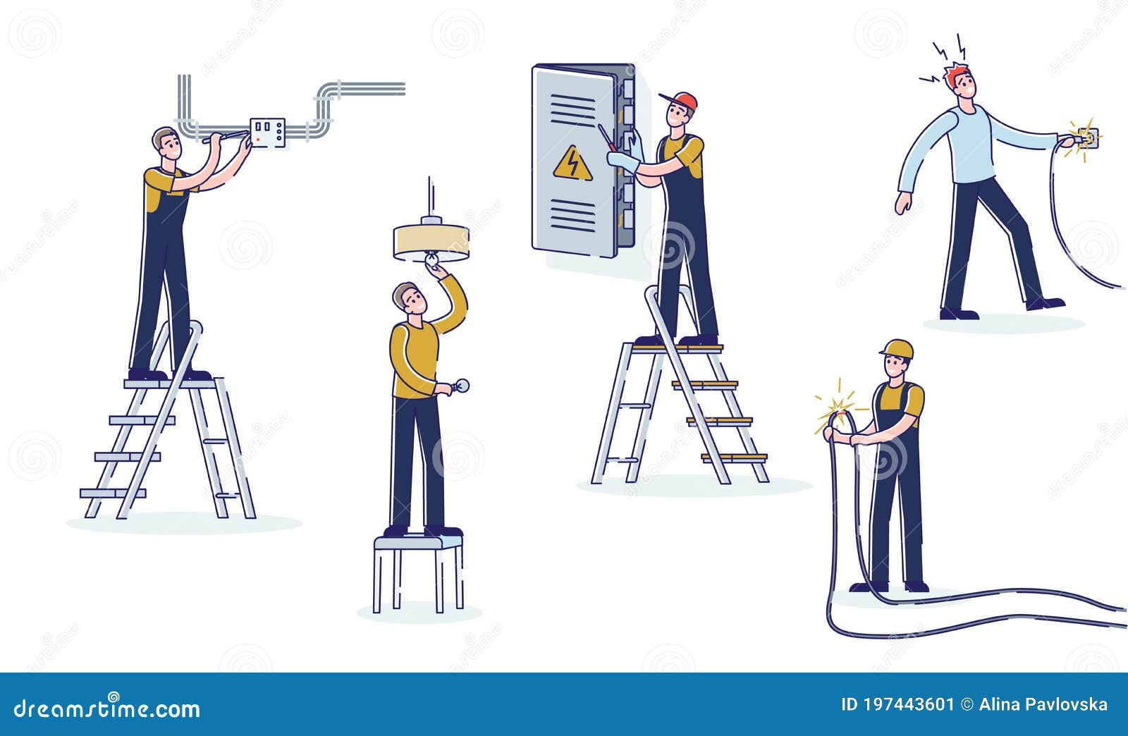 Set of Electricians and Engineers Working with High Voltage Electricity ...