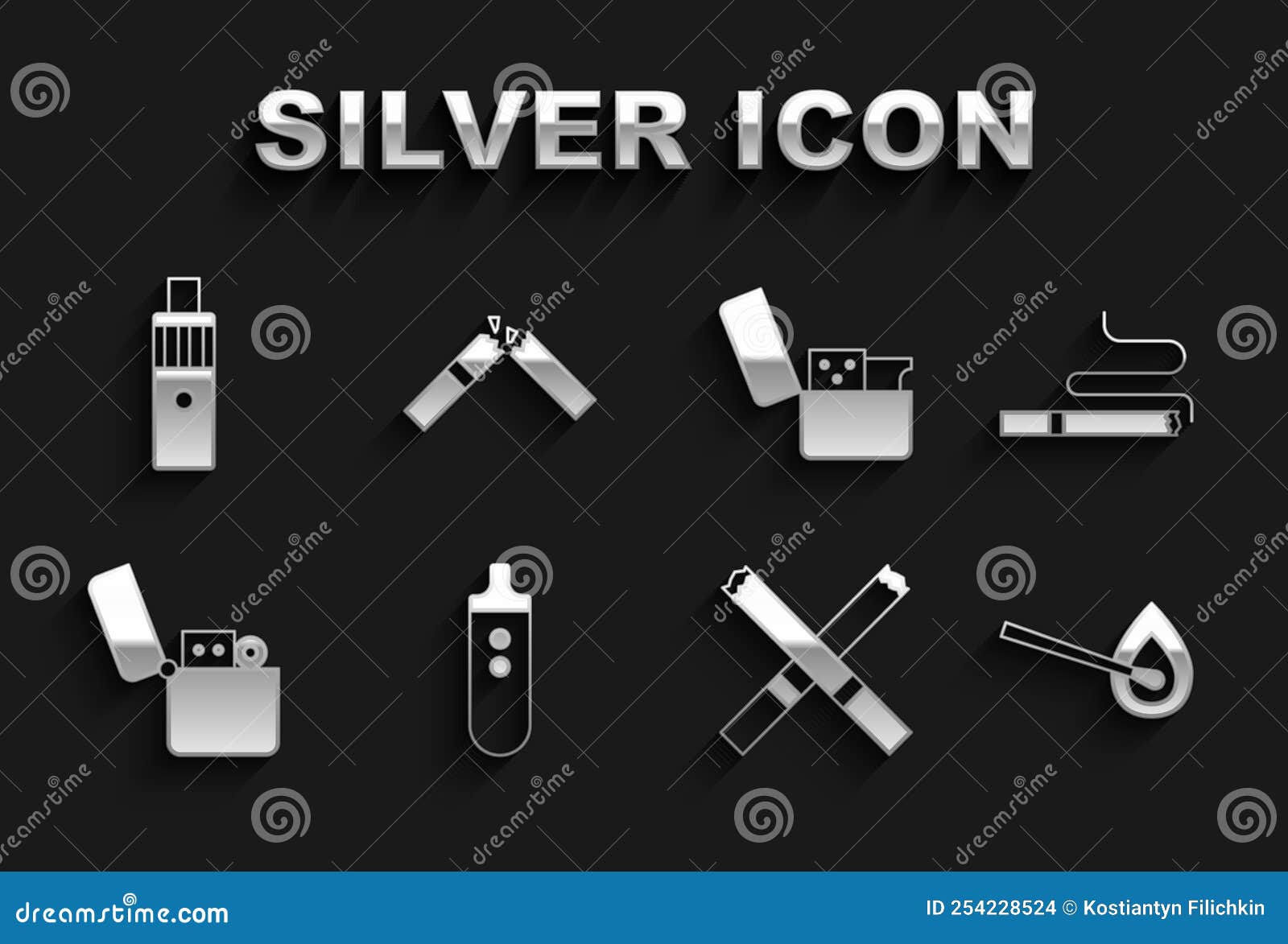 Set Electronic Cigarette, Cigarette, Burning Match with Fire, Lighter ...