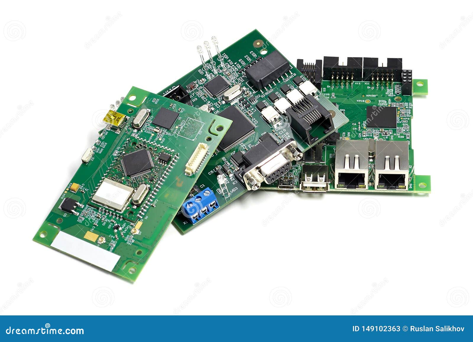 Set of Electronic Printed Circuit Boards with Microchips, Leds and ...