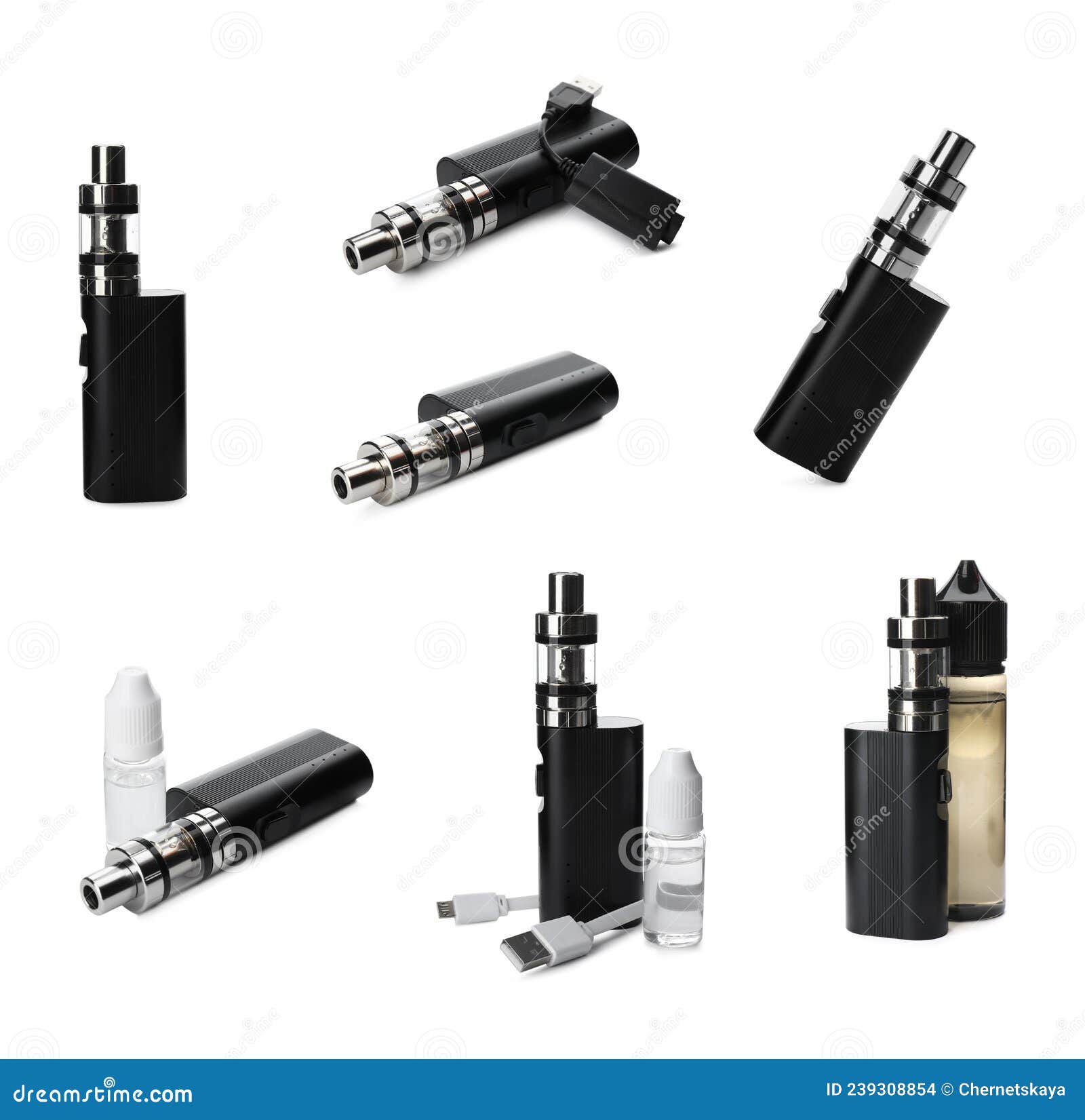 Set with Electronic Smoking Devices on White Background Stock Photo ...