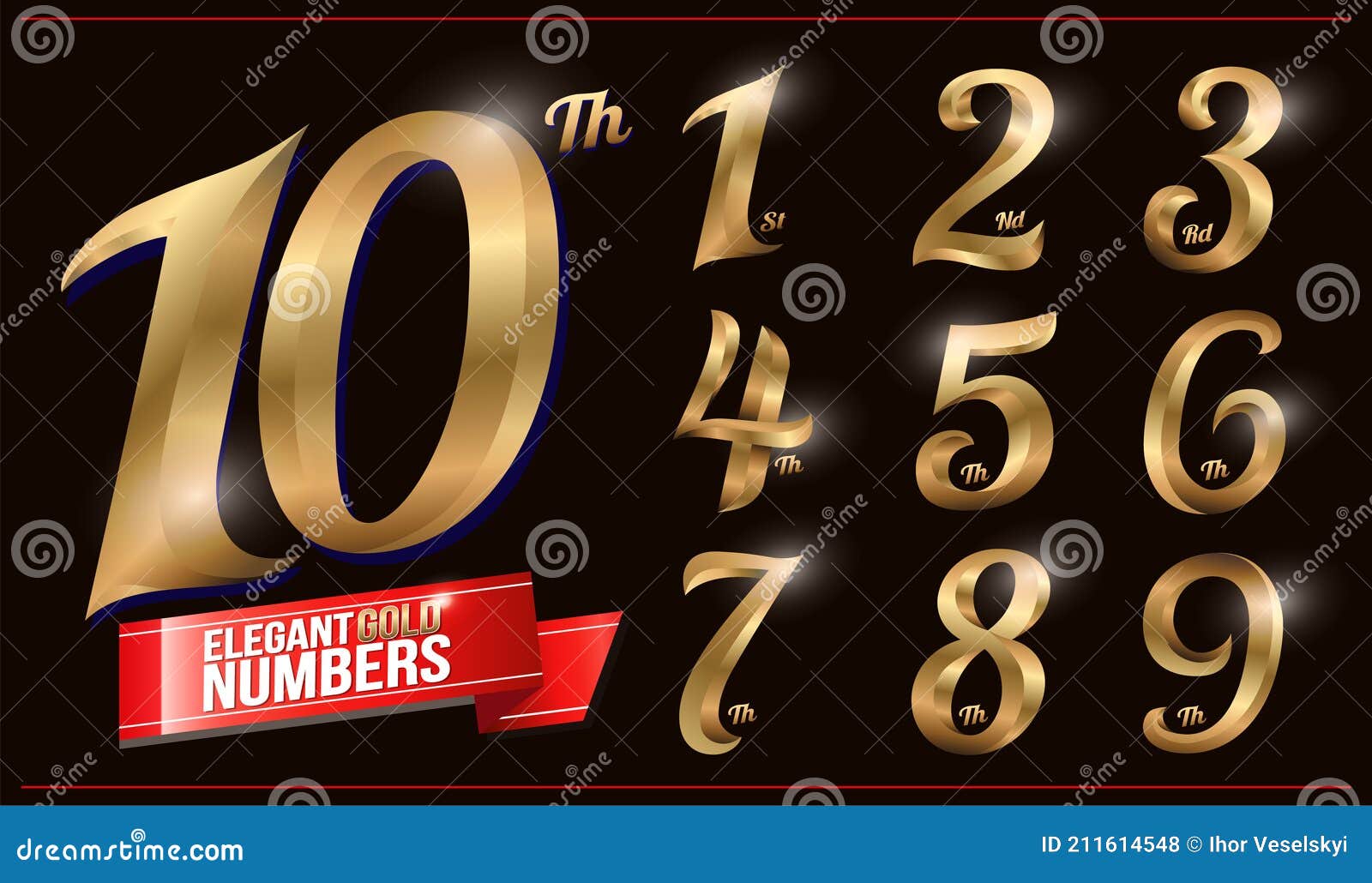 Set of Elegant Gold Colored Metal Chrome Numbers. 1, 2, 3, 4, 5, 6, 7 ...