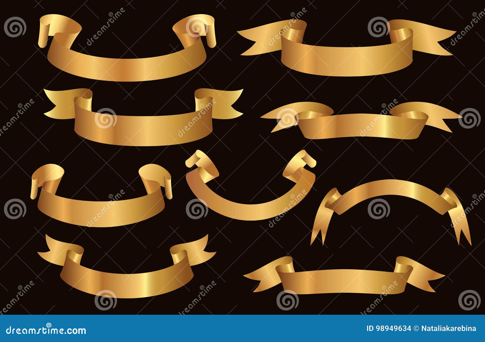 Set of Elegant Golden Ribbons on a Black Background. Vector Stock ...