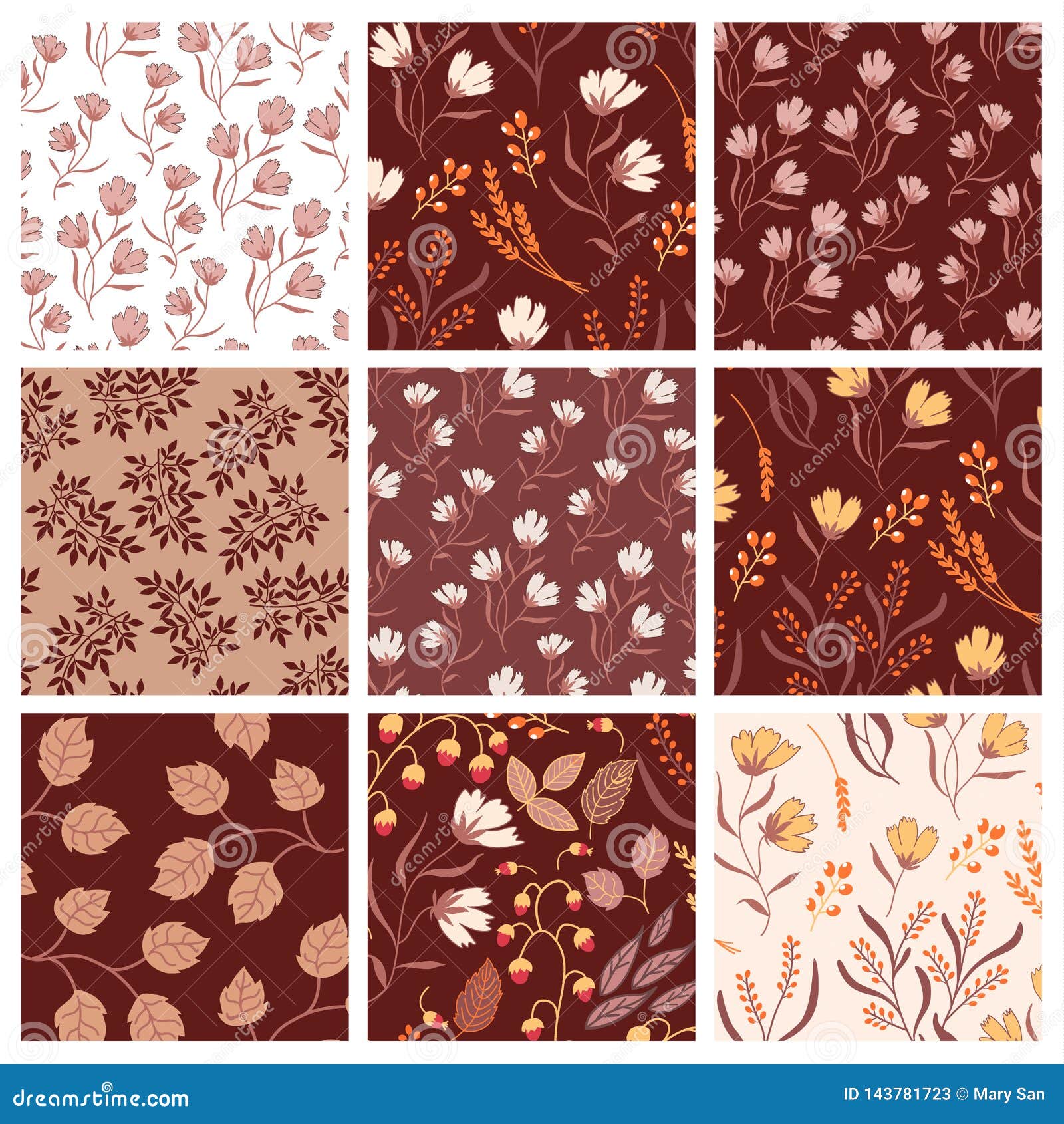 Set of Elegant Textile, Wallpaper Seamless Pattern with Flowers and ...
