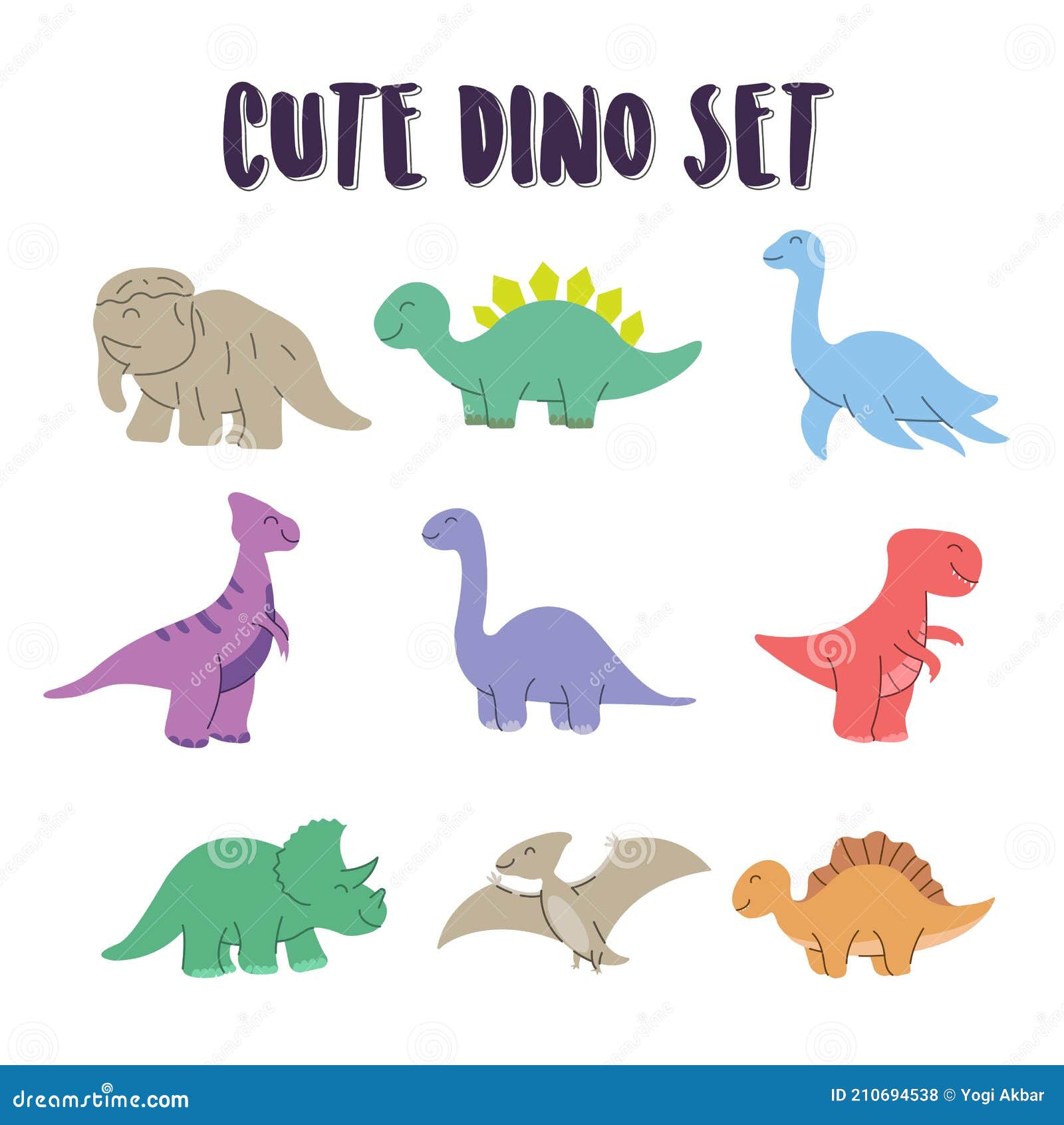Set Of Element Cute Dino Coloring. Dino Set, Happy Cute Colorful ...