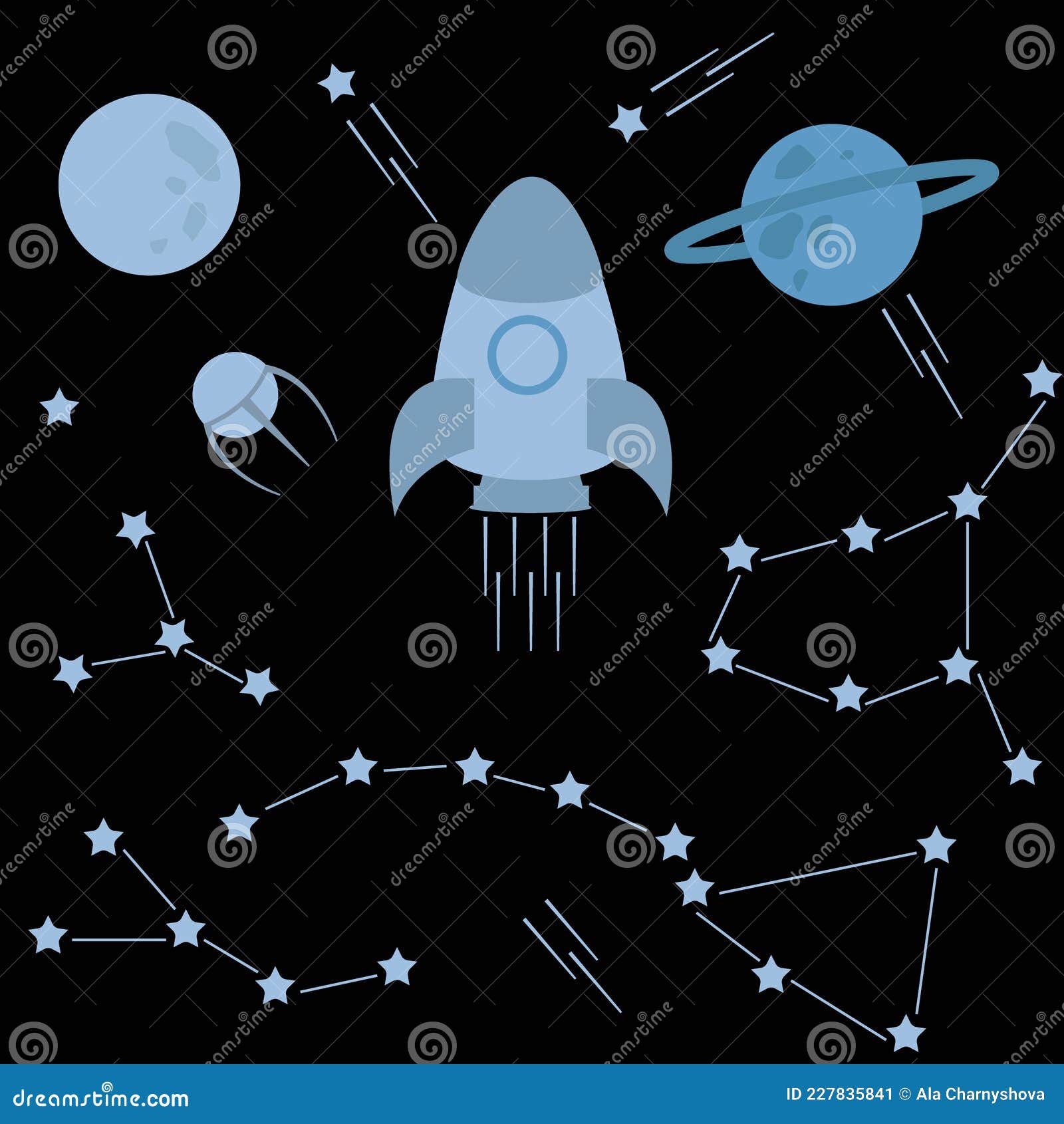 Set of Elements Related To Space. Rocket and Satellite, Constellations ...