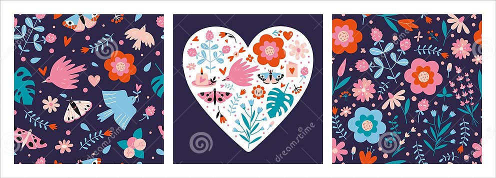 Set of Elements in a Spring, Floral Theme, Including Seamless Patterns ...